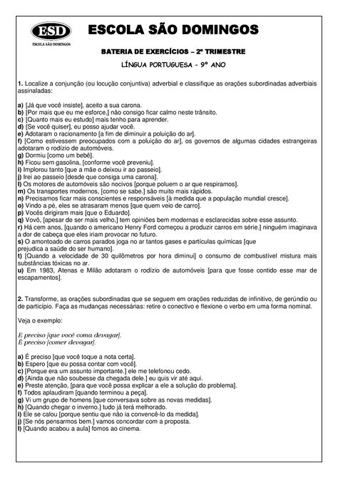 Exercícios Orações Subordinadas Adverbiais Gabarito BRAINCP