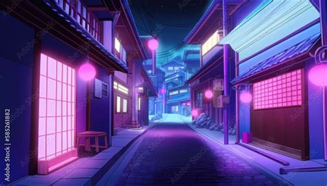 Night City Street Japanese Alley Anime Background Wallpaper Stock