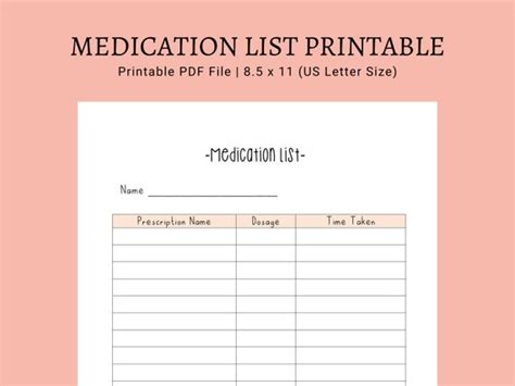 Medication List Printable Printable PDF List Medication Etsy