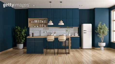 Blue Kitchen Room Interior And Kitchen Islands With Breakfast Bars
