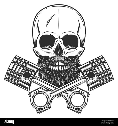 Biker Skull With Beard And Mustache With Crossed Engine Pistons Service