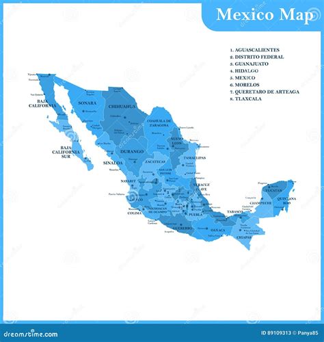 De Gedetailleerde Kaart Van Mexico Met Gebieden Of Staten En Steden