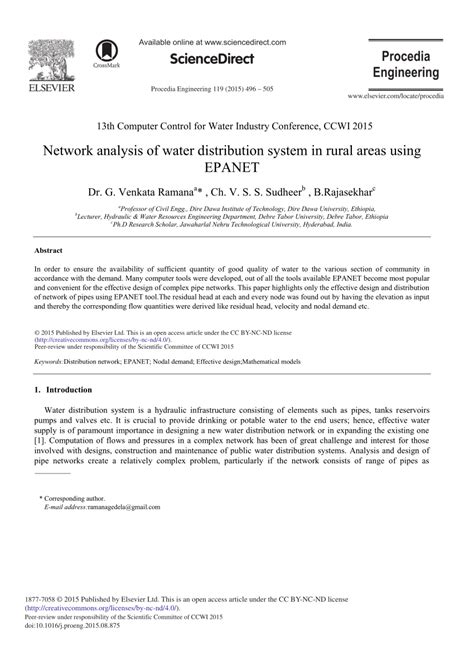 pdf network analysis of water distribution system in rural areas using epanet