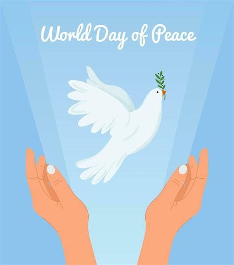Flying Dove Of Peace With Olive Branch On The Inscription World Day Of