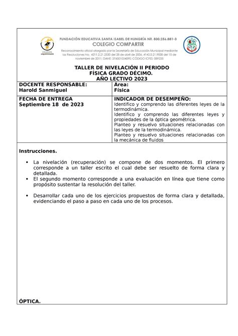 Taller DE Nivelación Y Recuperación Tercer Periodo Grado 10 TALLER