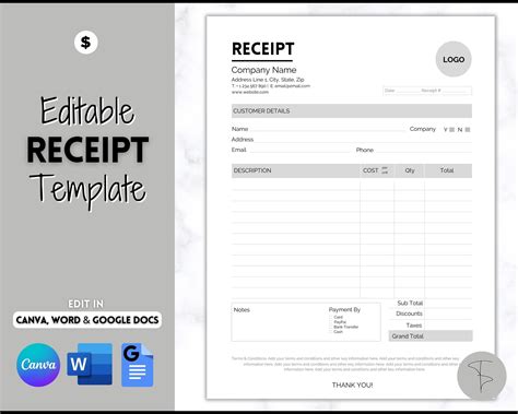 EDITABLE Receipt Template Receipt Form Small Business Etsy UK