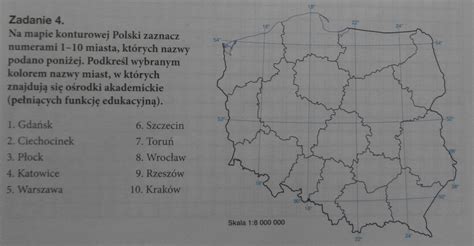 Na mapie konturowej Polski zaznacz numerami 1 10 miasta których nazwy