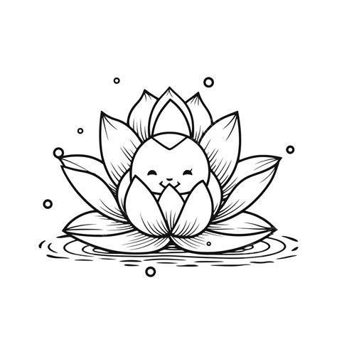 Line Drawing Of A Small Kitten In A Lotus Flower Outline Sketch Vector