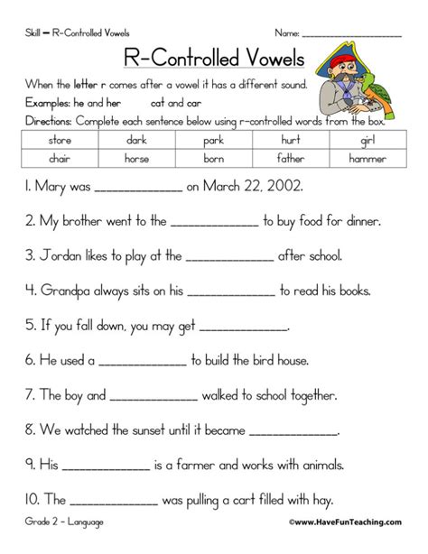 R Controlled Vowels Fill In The Blanks Worksheet Have Fun Teaching