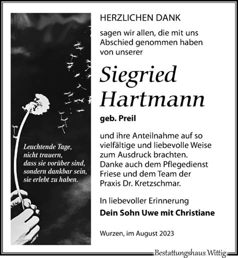 Traueranzeigen Von Siegried Hartmann Trauer Anzeigen De