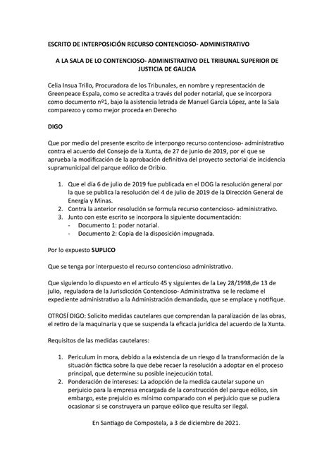 Escrito De Interposici N Recurso Contencioso Administrativo Escrito
