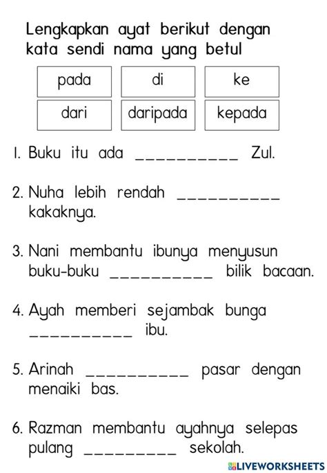 Kata Sendi Nama Tahun Exercise Malay Language Kelas Sd Tahun