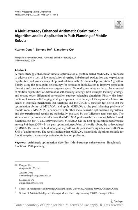 pdf a multi strategy enhanced arithmetic optimization algorithm and its application in path