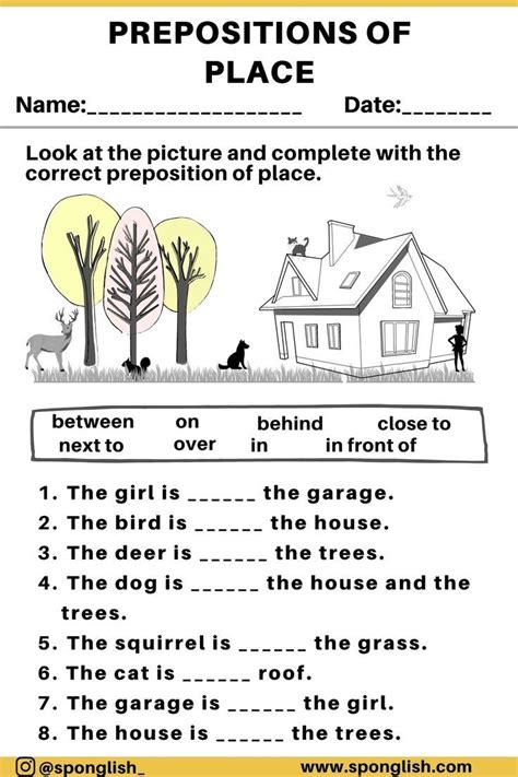 A Worksheet With The Words Prepositions Of Place In Front Of A House