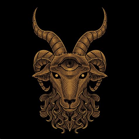 Illustration Scary Goat Head Engraving Style On Black Background