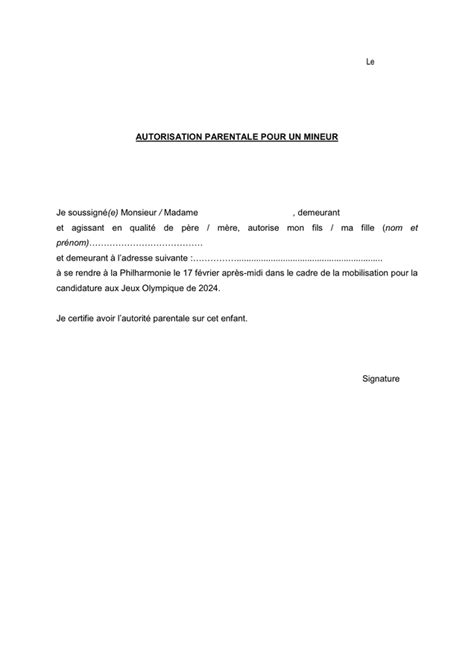 Lettre Autorisation Parentale
