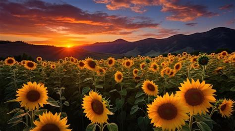 Campo De Girasoles Al Atardecer Hermoso Paisaje Con Girasoles Foto