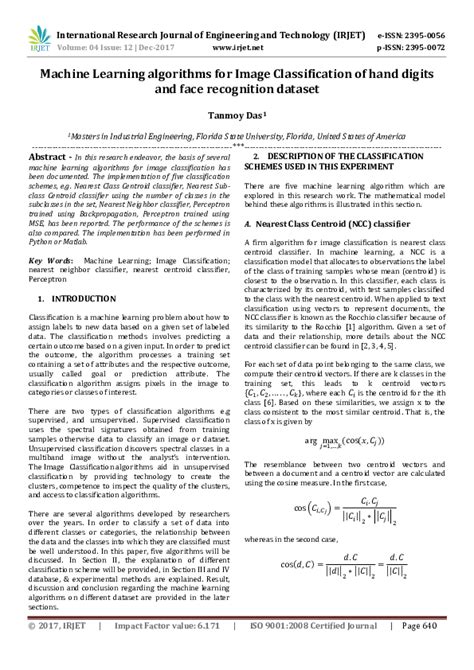 pdf machine learning algorithms for image classification of hand digits and face recognition