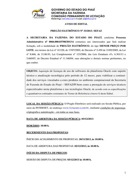 Preenchível Disponível sefaz pi gov EDITALPE 332013ORACLE Sefaz PI