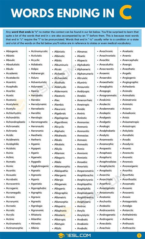 An Extensive List Of Words Ending In C In English 7ESL Words