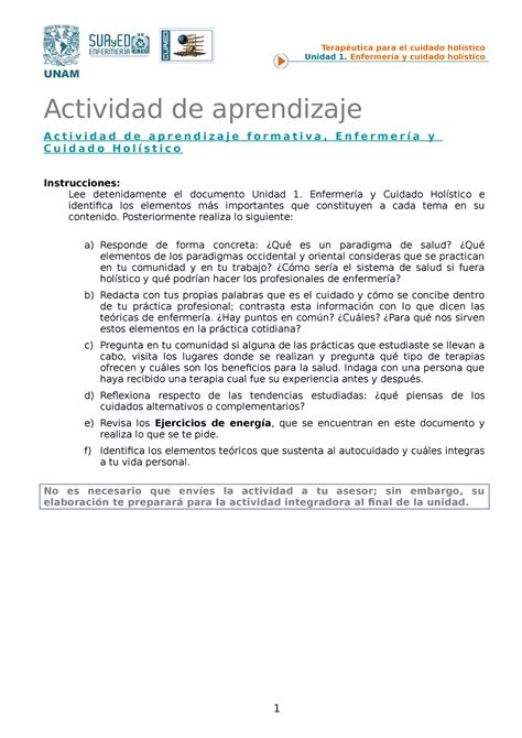 Act aprend u1 cuidado holistico Terapéutica para el cuidado