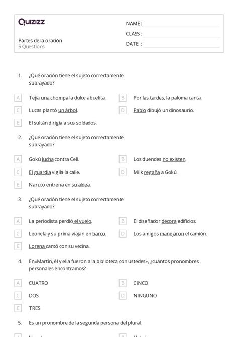 50 Partes de la oración hojas de trabajo para Grado 4 en Quizizz