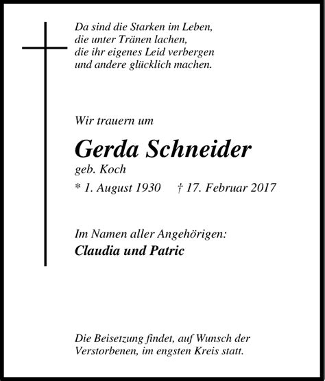 Traueranzeigen Von Gerda Schneider Trauer In Nrw De