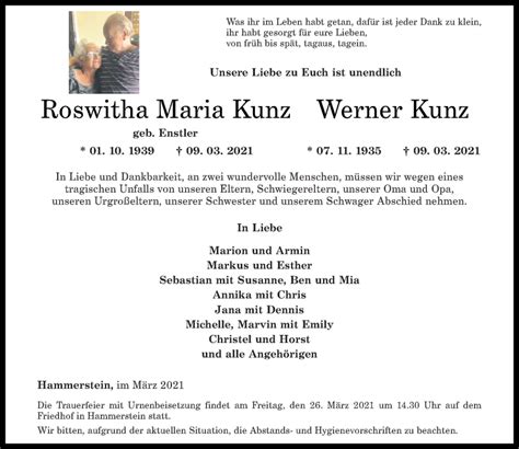 Traueranzeigen Von Roswitha Maria Kunz Rz Trauer De