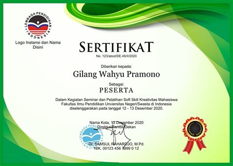 Contoh Format Sertifikat Pelatihan Gawe Cv