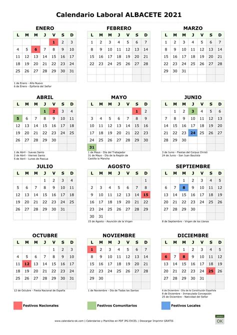 Calendario Laboral ALBACETE 2021 Para IMPRIMIR
