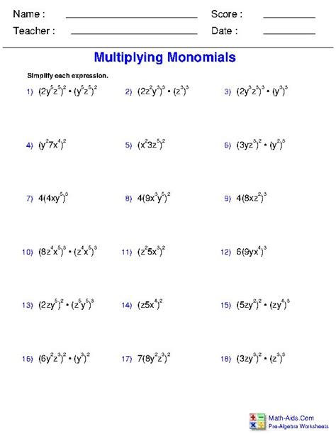 Pre Algebra Worksheets Monomials And Polynomials Worksheets Algebra