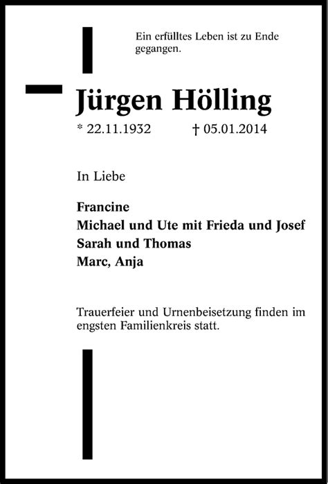 Traueranzeigen von Jürgen Hölling Trauer in NRW de