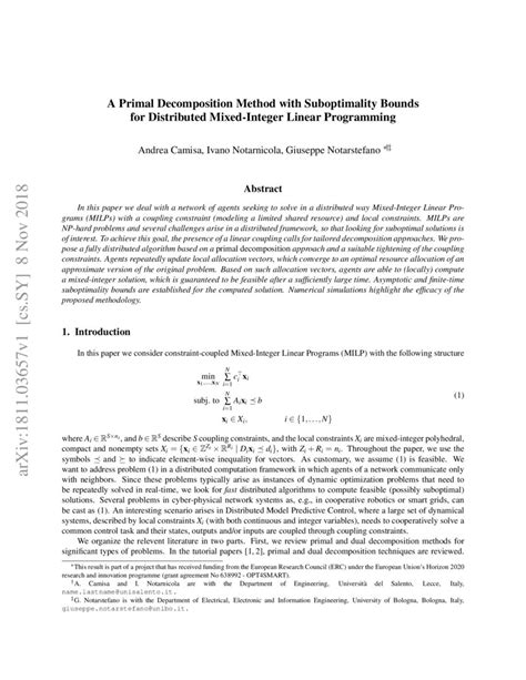 a primal decomposition method with suboptimality bounds for distributed mixed integer linear