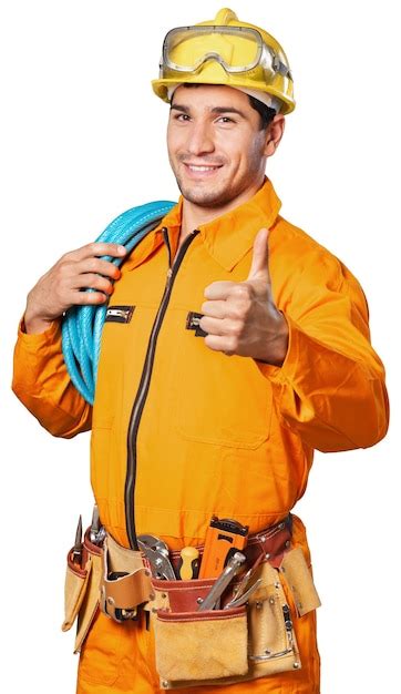Trabajador De La Construcci N Feliz Aislado Sobre Fondo Blanco Foto