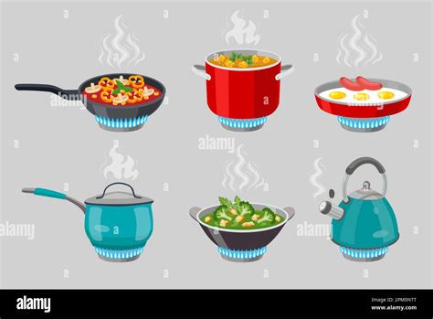 Ollas de cocina y sartenes en estufa de gas ilustración de dibujos