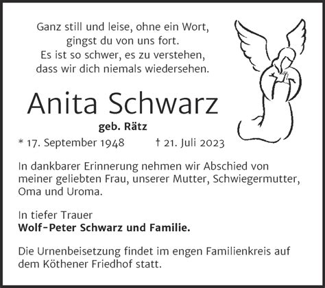 Traueranzeigen Von Anita Schwarz Abschied Nehmen De