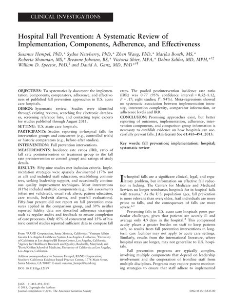 pdf hospital fall prevention a systematic review of implementation components adherence