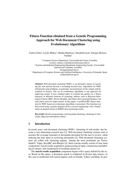 pdf fitness function obtained from a genetic programming approach for web document clustering