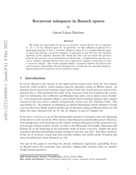 pdf recurrent subspaces in banach spaces