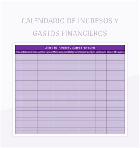 Plantilla De Excel Calendario De Ingresos Y Gastos Financieros Y Hoja