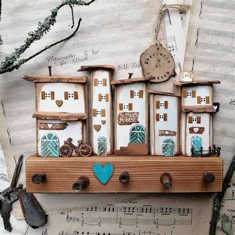 wieszak z domkami ecru no handmade wieszaki ღ art Madam pl