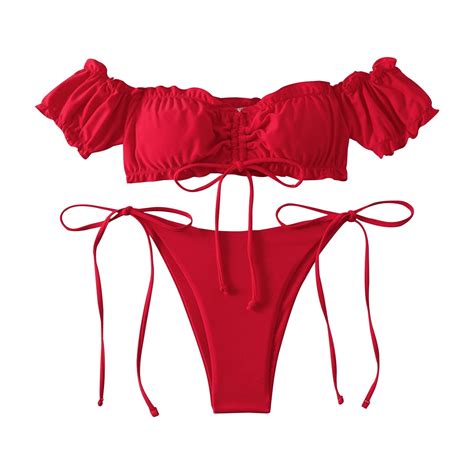 Zrbywb Women Bikini Set Womens Red Split Small Breast Line Shoulder Top Cuff Strap Bikini Beach