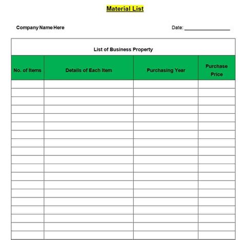 Simple Material List Templates Word Excel Pdf