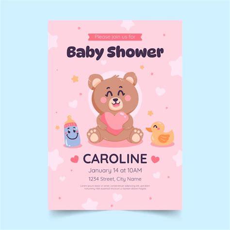 Invitación de baby shower con oso de peluche dibujado a mano Vector