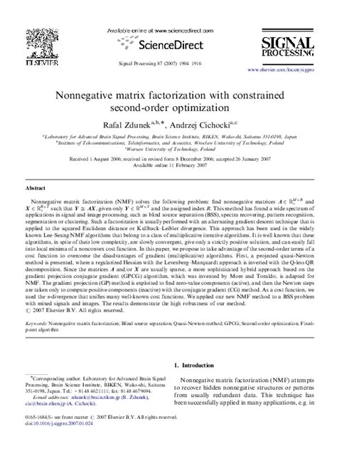 pdf nonnegative matrix factorization with constrained second order optimization rafal zdunek