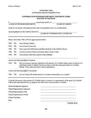 Fillable Online Dioceseofraleigh APPENDIX TWO Confirmation Sponsor