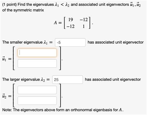 solved 1 point find the eigenvalues 11 12 and associated unit eigenvectors u1 12 of the