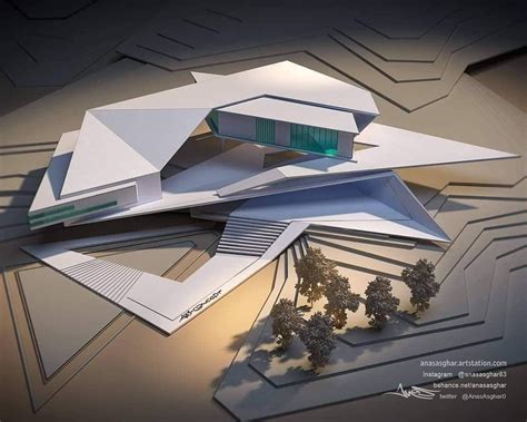 An Architectural Model Of A Building With Trees In The Foreground