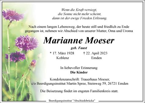 Traueranzeigen Von Marianne Moeser Nordwest Trauer De
