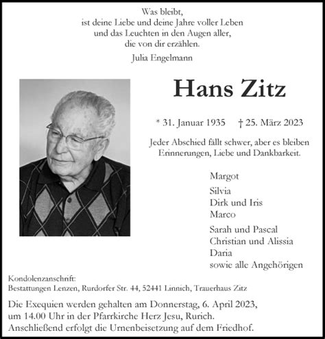 Traueranzeigen Von Hans Zitz Aachen Gedenkt